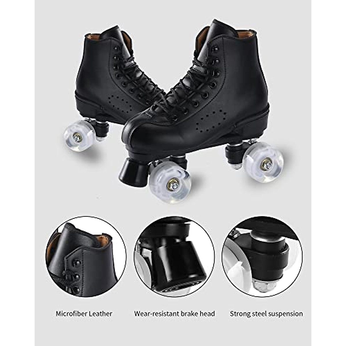 Ugboiu Roller Skates for Men and Women, Black Derby Roller Skates with 4 Shiny Wheel, Classic Double-Row Roller Skates for Indoor and Outdoor