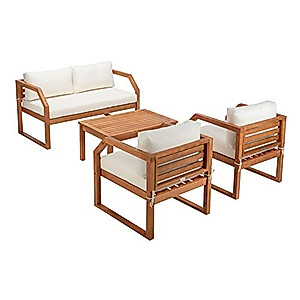 Safavieh PAT7067A Outdoor DREN Natural Brown 4-Piece Beige Seat Cushions Included Patio Set