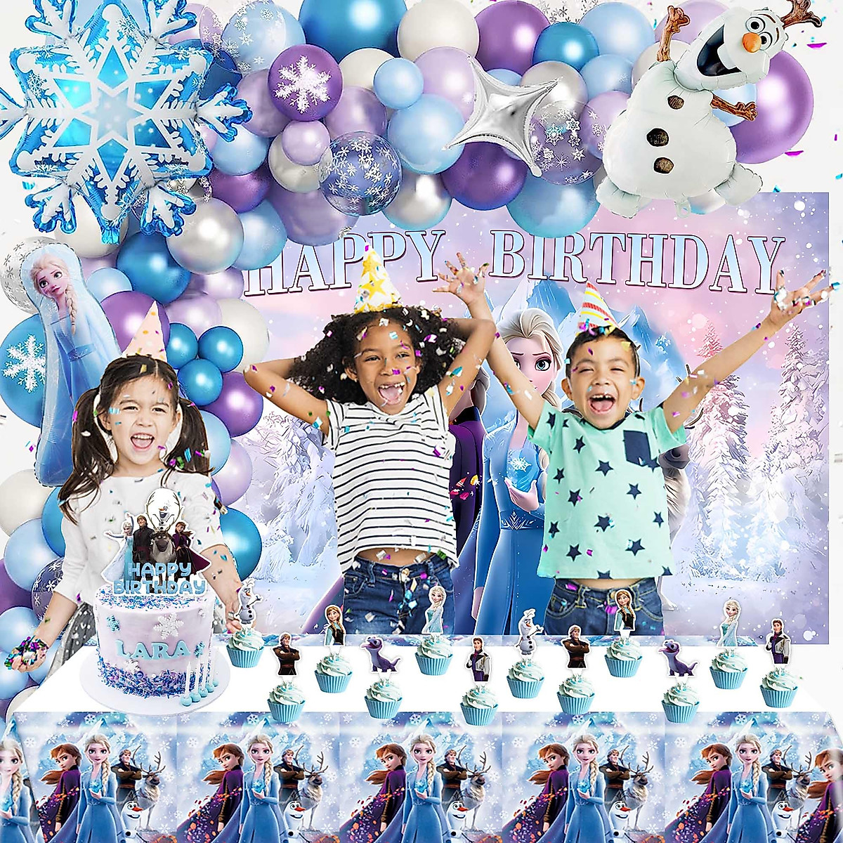 Frozen Birthday Party Supplies, Frozen Party Decorations Includes Snowflake Balloon Garland Arch Kit,Frozen Backdrop, Frozen Tablecloth, Elsa, Snowman and Snowflake Foil Balloon