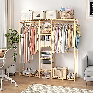 UDEAR Garment Rack Bamboo Clothes Rack for Hanging Clothes,Clothing Racks Storage Organizer with 2 Rods,5 Shelves and 2 Hooks,Multi-Functional Wardrobe Closet