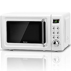 Retro Countertop Microwave Oven, Large 0.7Cu.ft, 700-Watt, Cold Rolled Steel Countertop with Time Setting, Glass Turntable Plate, Pre-Programmed Cooking Settings, LED Display, Child Lock (White)