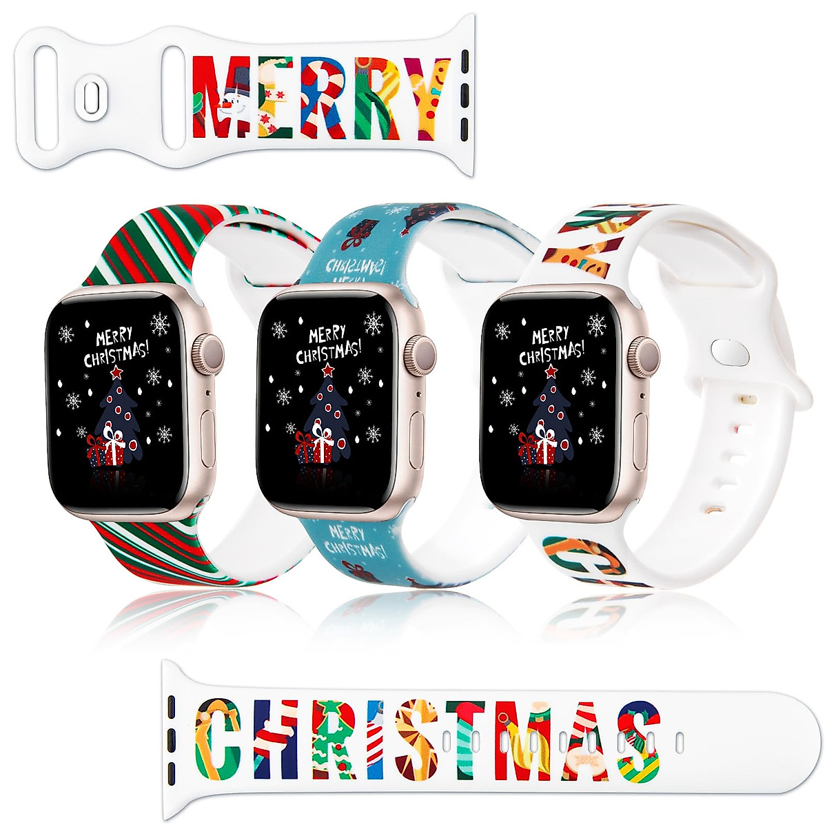 Christmas Band Compatible Apple Watch Winter Strap 38mm 40mm 41mm Women 3 Packs,Blingbrione Printed Silicone Merry Xmas Tree Snowflake for iphone Watch Series Ultra 9 8 7 SE 6 5 4 3 2 1 Girl 3 Sets