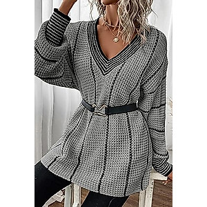 AlvaQ Women Sweaters Winter Fall Fashion Color Block Striped Sweaters Casual Long Sleeve V Neck Pullover Knit Jumper Tops Gray Medium