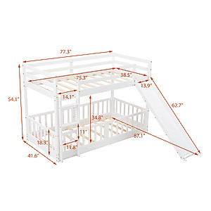 Twin Over Twin Bunk Bed with Slide, Floor Bunk Bed for Kids Toddlers, Wood Low Frame with Ladder and Fence for Boys Girls Teens, White
