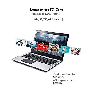 Lexar 256GB Micro SD Card, MicroSDXC Flash Memory Card with Adapter Up to 160MB/s, A2, U3, V30, C10, UHS-I, 4K UHD, Full HD, High Speed TF Card for Phones, Tablets, Drones, Dash Cam, Security Camera
