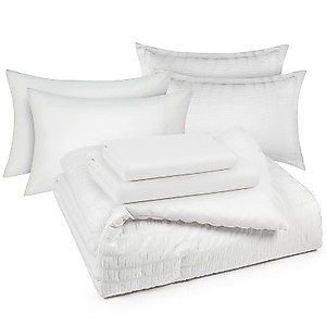 CozyLux Queen Bed in a Bag White Seersucker Comforter Set with Sheets 7-Pieces All Season Bedding Sets with Comforter, Pillow Sham, Flat Sheet, Fitted Sheet and Pillowcase