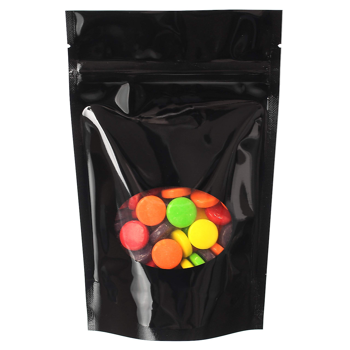 CleverDelights Glossy Black Window Stand Up Pouches - 4oz - 100 Pack - 5" x 8" x 2.5" - Resealable Bag