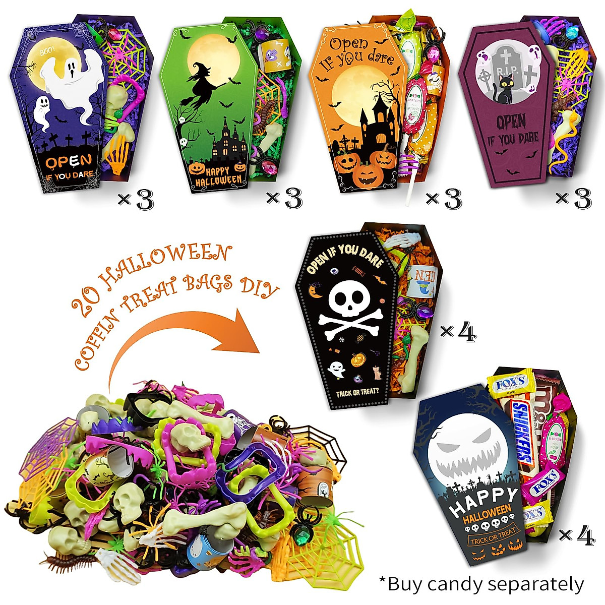 GOAUS Halloween Party Favors 20 Pack, Coffin Box Treat Goodie Bag Bags, 240 Pcs Toys Bulk Non-Candy Treats for Trick or Treat, Halloween Crafts, Kids Prizes Classroom Basket Stuffers