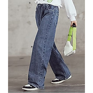 Sitmptol Teen Girls Blue Ripped Jeans Wide Leg High Waist Denim Trousers Loose Streetwear Jeans Baggy Pants Denim Blue 160 11-12 Years