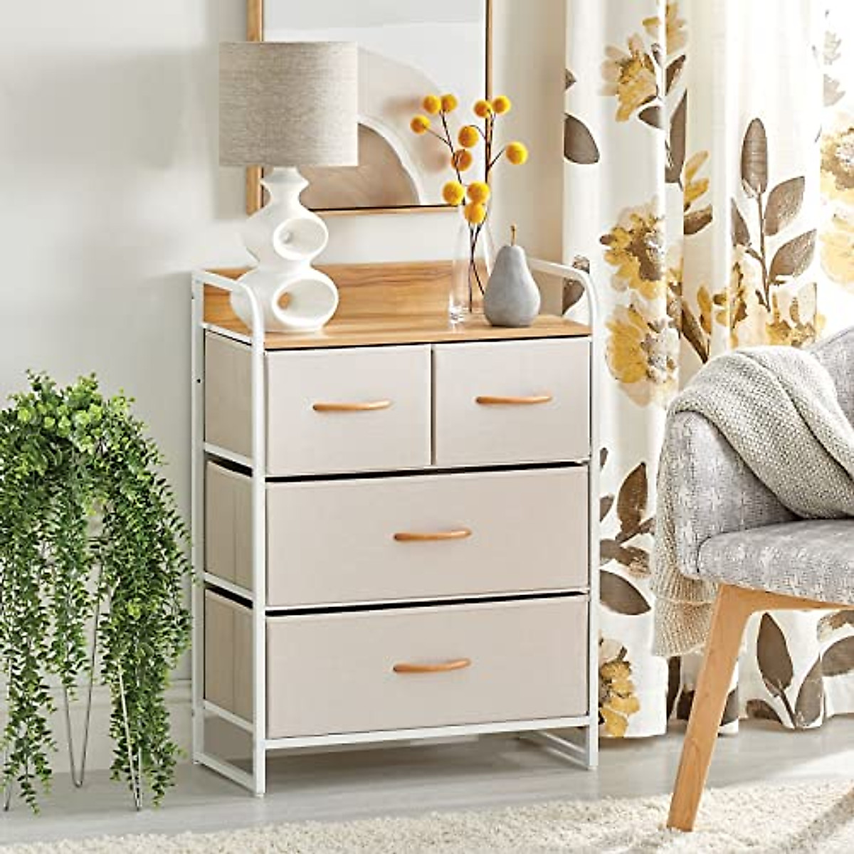 mDesign 30.9" High Steel Frame/Wood Top Storage Dresser Furniture Unit with 4 Removable Fabric Drawers - Bureau Organizer for Bedroom, Living Room, or Closet - Cream/White