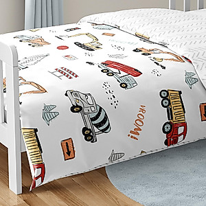 Sweet Jojo Designs Construction Truck Boy Toddler Kid Childrens Comforter Bedding Set - 5 Pieces Comforter, Sham and Sheets - Grey Yellow Orange Red and Blue Transportation Chevron Arrow