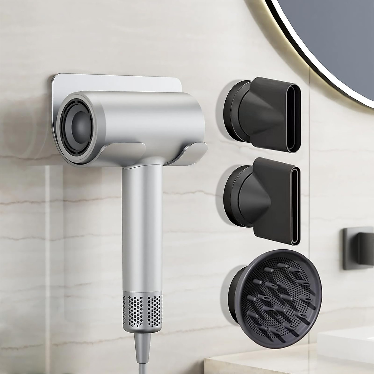 Hair Dryer Attachment Magnetic Holder Compatible with Laifen & Dyson Hair Dryer, Wall Mounted Storage Organizer for Anti-Flight Flyaway & Diffuser Smoothing Nozzle, No Punching, 2 Pack (Black & Gray)