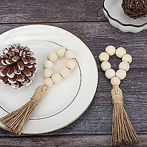 Wood Bead Napkin Rings Natural Wooden Beads Napkin Holders with Tassels Elastic Wooden Napkin Buckles for Christmas Farmhouse Wedding Home Table Decoration (6)