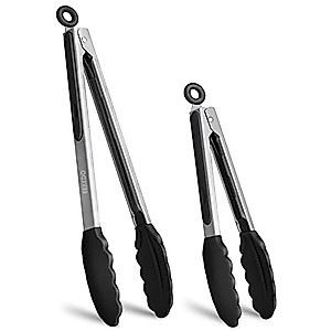 EEKEDO Kitchen Tongs, Stainless Steel Silicone Tongs for Cooking 600ºF High Heat-Resistant BBQ Grilling Locking Tongs, Set of 2-9" and 12"