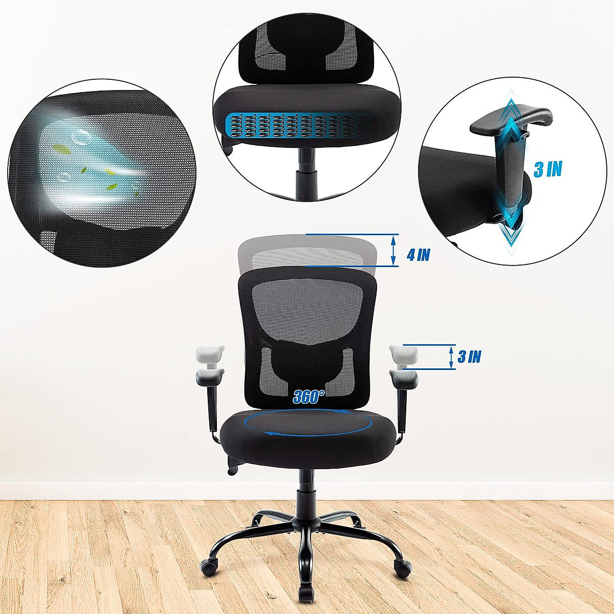 Home Office Chair for Big and Tall 400lbs Ergonomic Mesh Desk Chair with Adjustable Lumbar Support Arms High Back Wide Seat Task Executive Rolling Swivel Chair for Heavy People, Women Men