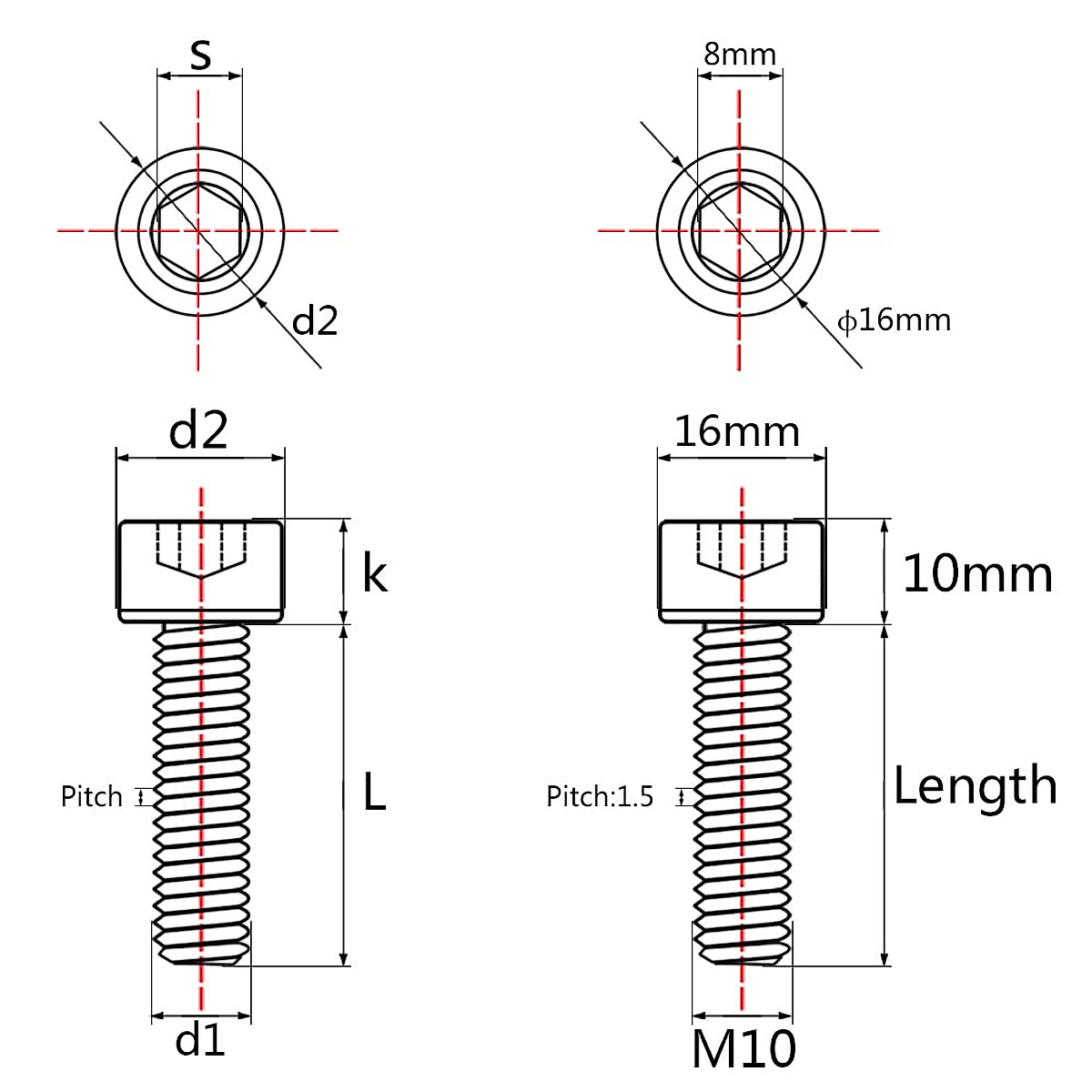 Wanyifa Titanium Cap Allen Socket Head Bolts M10 20 25 30 35 40 45 50 55 60mm Screw Pack of 4 (M10x30mm Pitch 1.5mm, Black)
