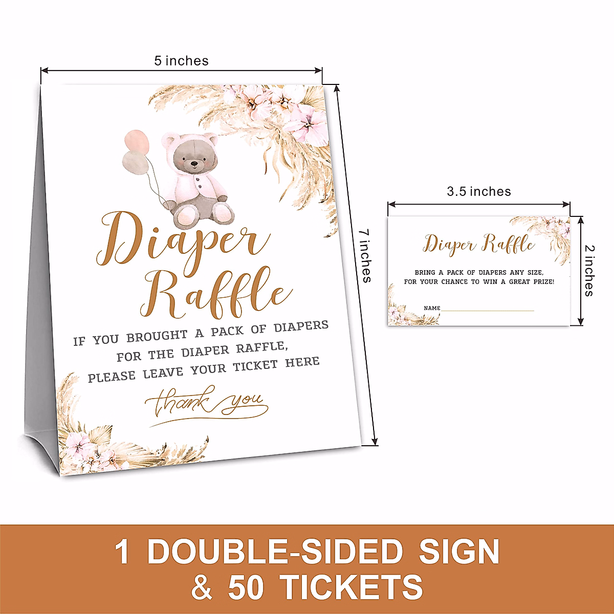 50 Diaper Raffle Tickets and 1 Self-standing Diaper Raffle Sign, Bear Boho Floral Baby Gender Reveal Party Supplies, Gender Neutral Baby Shower Decorations - LBLK-013