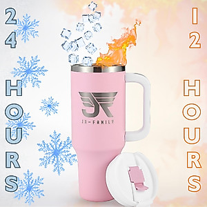 JR-FAMILY 40oz Spill Proof Tumbler with Lid Straw and Handle, Stainless Steel Insulated Travel Coffee Mug, Cup Holder Friendly, Easy Clean, Gifts for Women Men - Baby Pink