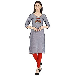 Indian Women's Embroidered Cotton Kurti Grey Top By Ramkudi