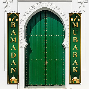 Ramadan Mubarak Porch Banner Islamic Mosque Lamp Muslim Religious Holiday Front Door Sign Wall Hanging Party Decoration