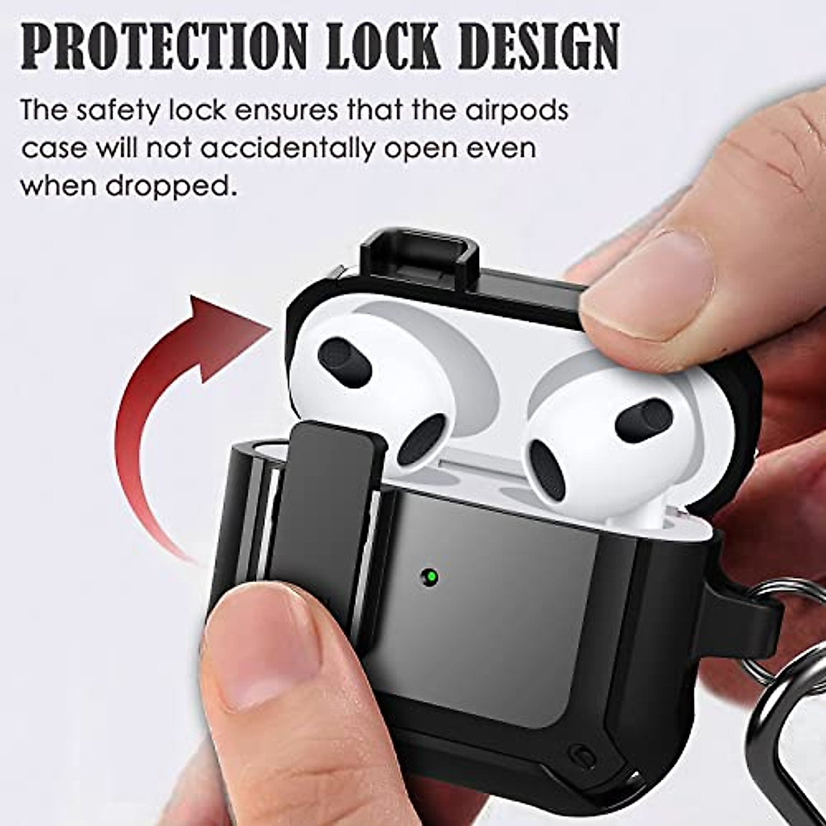 doeboe for AirPods 3rd Generation Case, Cover for AirPod 3 Generation Charging Case, Lock Lid Cover with Sturdy Keychain Supports Wireless Charging for Man Woman [LED Visible] (Black)