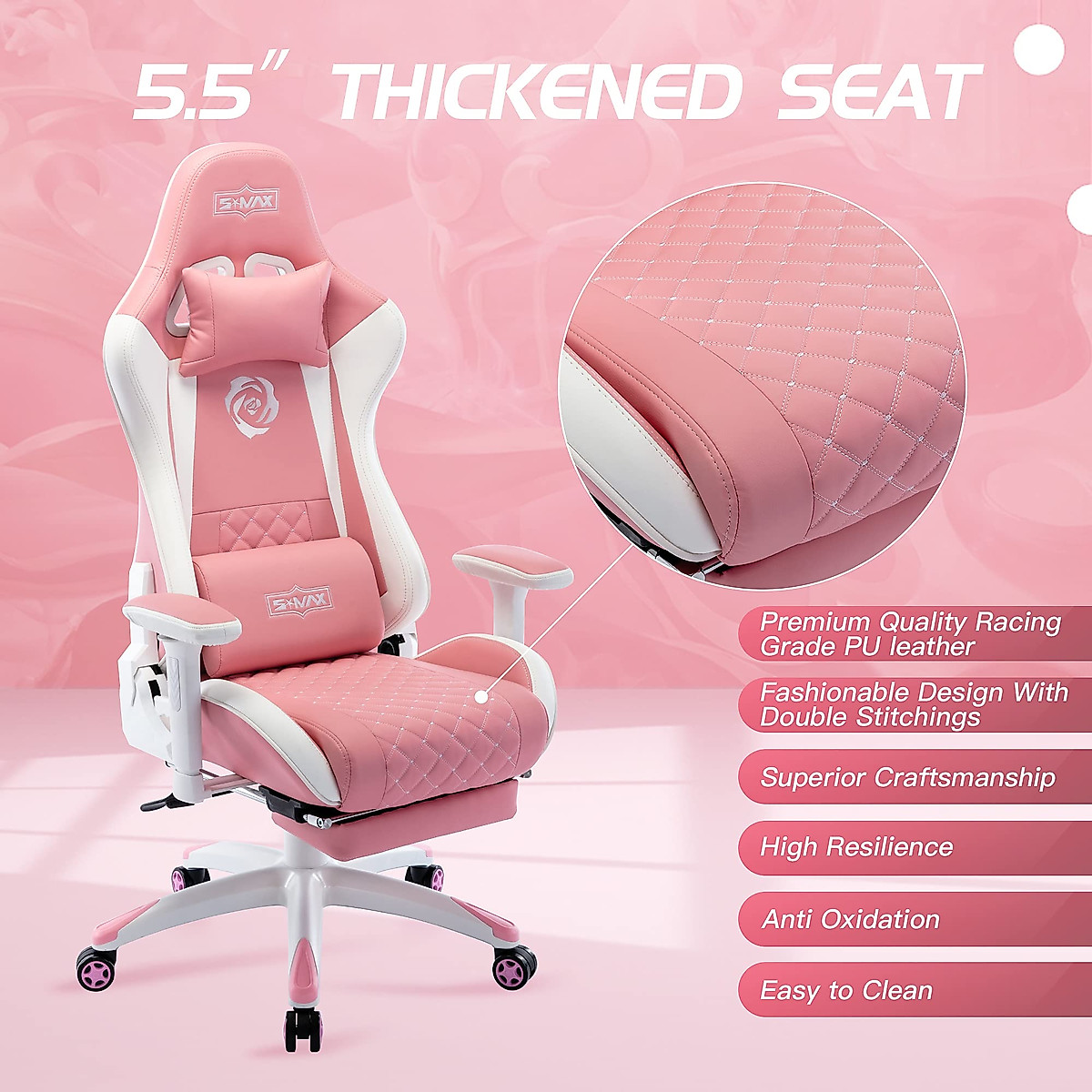 S*MAX Pink Gaming Chair with Footrest Thicken Seat Ergonomic Pink Gamer Chair with 3D Armrest PU Leather Headrest and Lumbar Support High Back Gaming Chair for Girls Pink and White