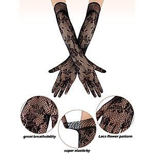 Geyoga 2 Pieces Suspender Pantyhose Long Floral Lace Gloves Stocking Fishnet Tights Garter Belt Stockings for Women, Black (Medium)