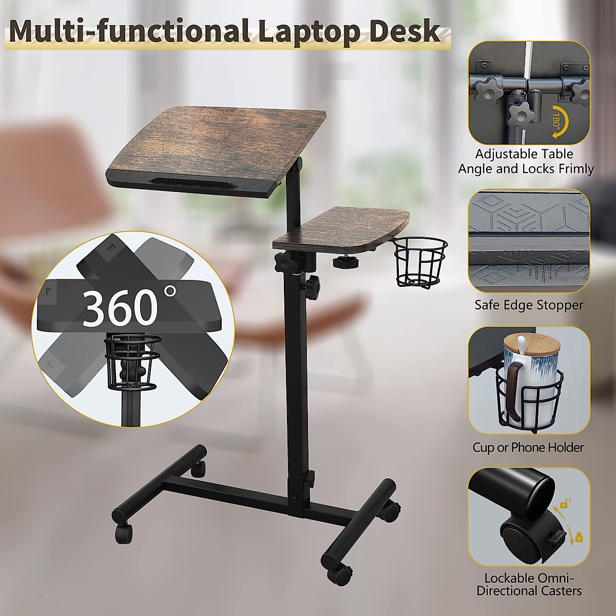 LvnRaay Laptop Table Height Adjustable Desk with Wheels Cup Holder, Laptop Sit to Stand Up Desk Portable Rolling Desk, 40'' Mobile Laptop Stand with Tilting Tabletop Laptop Stand for Couch (Brown)