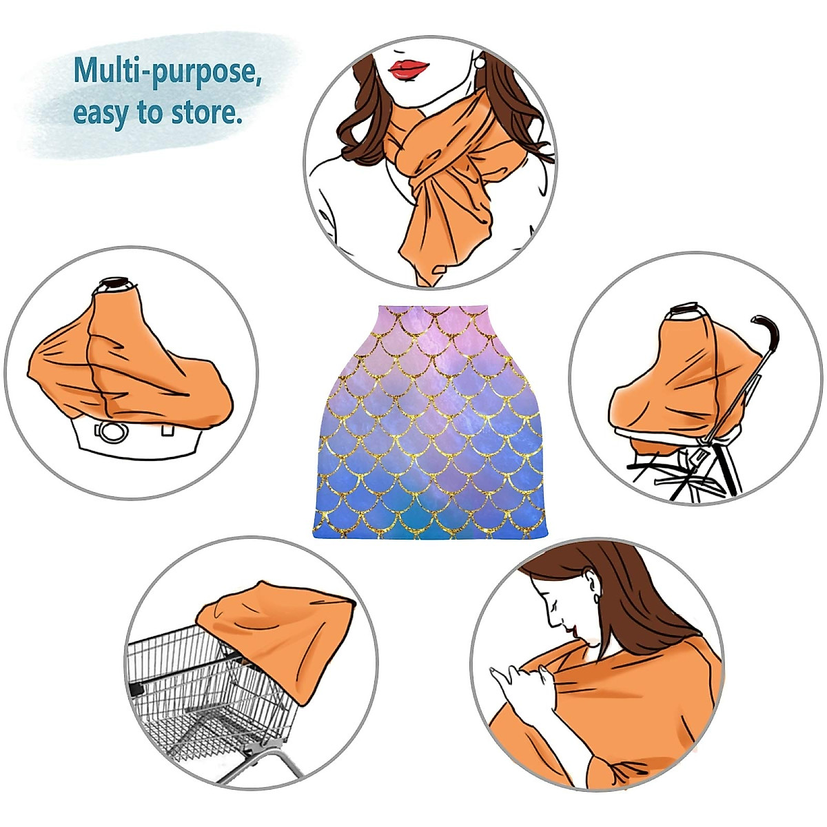 Stretchy Baby Car Seat Covers for Boys Girls Mermaid Fish Scales Infant Car Canopy Nursing Cover Breastfeeding Scarf