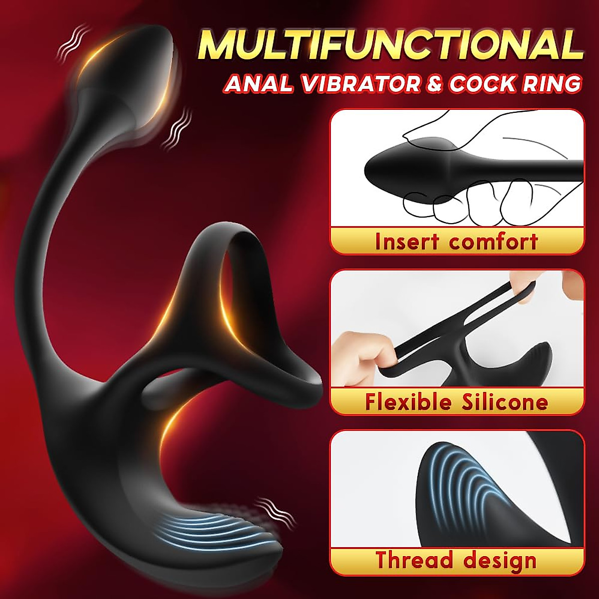 Vibrating Cock Ring Anal Plug with Prostate Massager, 4 in1 Taint Stimulator Penis Ring Vibrator Couples Adult Sex Toys for Men, Remote Control Anal Butt Plug Vibrator for Male Sex Toy Couple