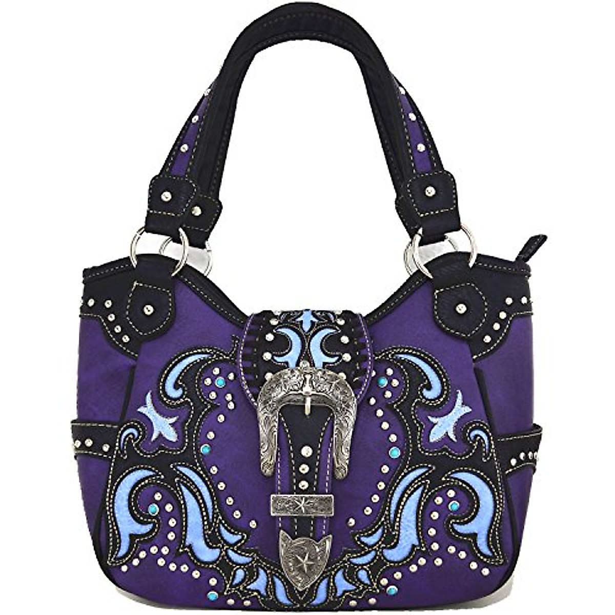 Western Style Belts Buckle Studded Concealed Carry Purse Laser Cut Handbags Women Shoulder Bag Wallet Set (Purple Set)