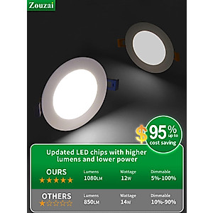 zouzai 1 Pack 6 Inch 5CCT Ultra-Thin LED Recessed Ceiling Light with Junction Box, 2700K/3000K/3500K/4000K/5000K Selectable, 12W Eqv 110W,Dimmable, led can Lights- ETL and Energy Star Certified