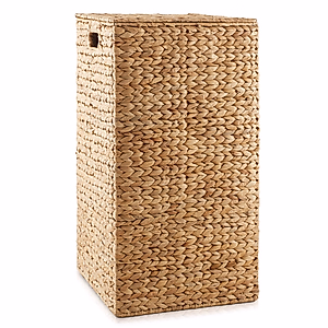 Casafield Laundry Hamper with Lid and Removable Liner Bag - Natural, Woven Water Hyacinth Square Laundry Basket Sorter for Clothes and Towels