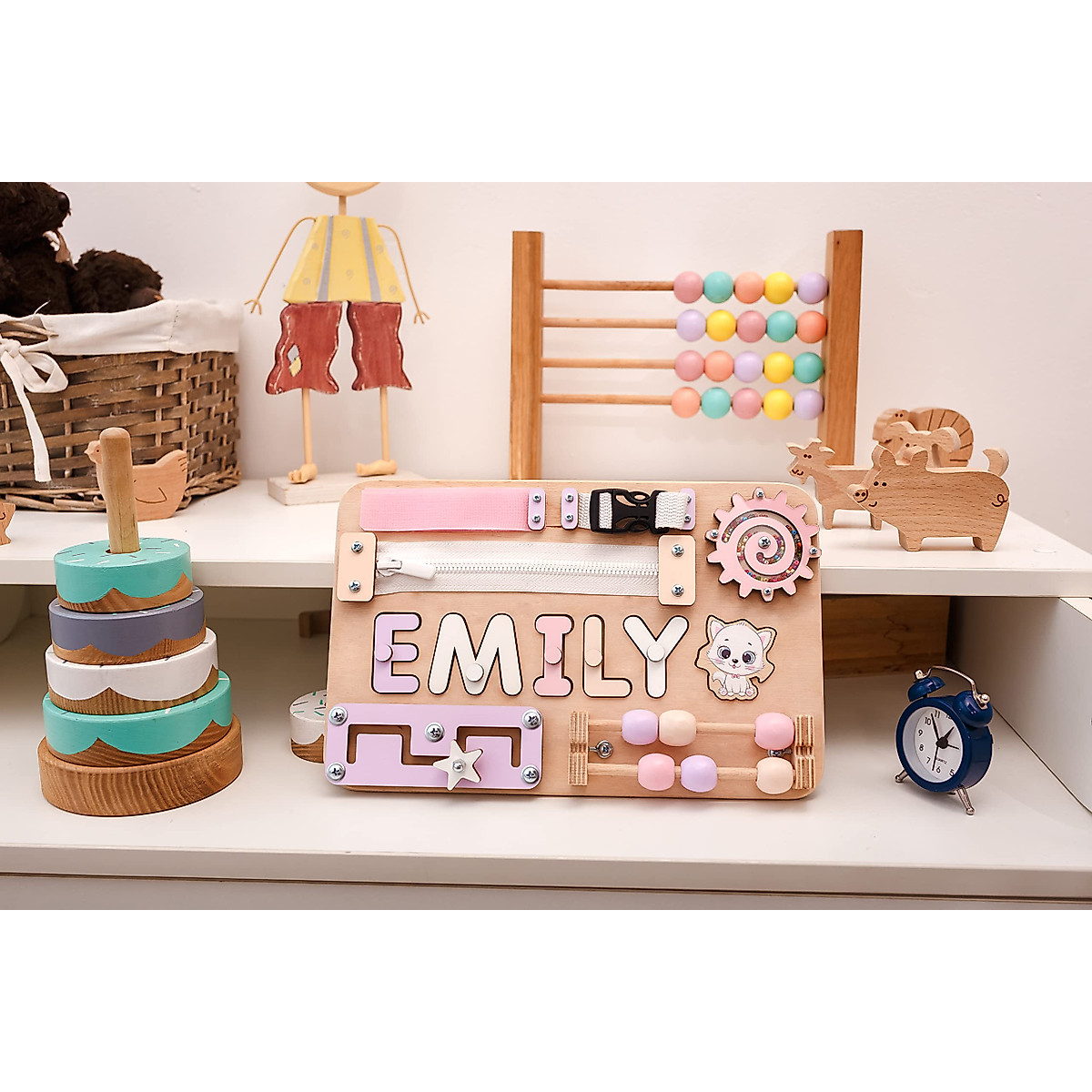 Name Puzzle Busy Board Custom Personalized Baby Gift Wooden Montessori Toys Learning Sensory Board Toddler Toys Fidget Zipper Buckle Plane Car Travel Boy Girl Latches Autistic Education Engaging Child