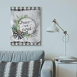 Stupell Industries Peace On Earth Wreath Plaid Holiday Christmas Word Design, Gallery Wrapped Canvas, Multi-Color