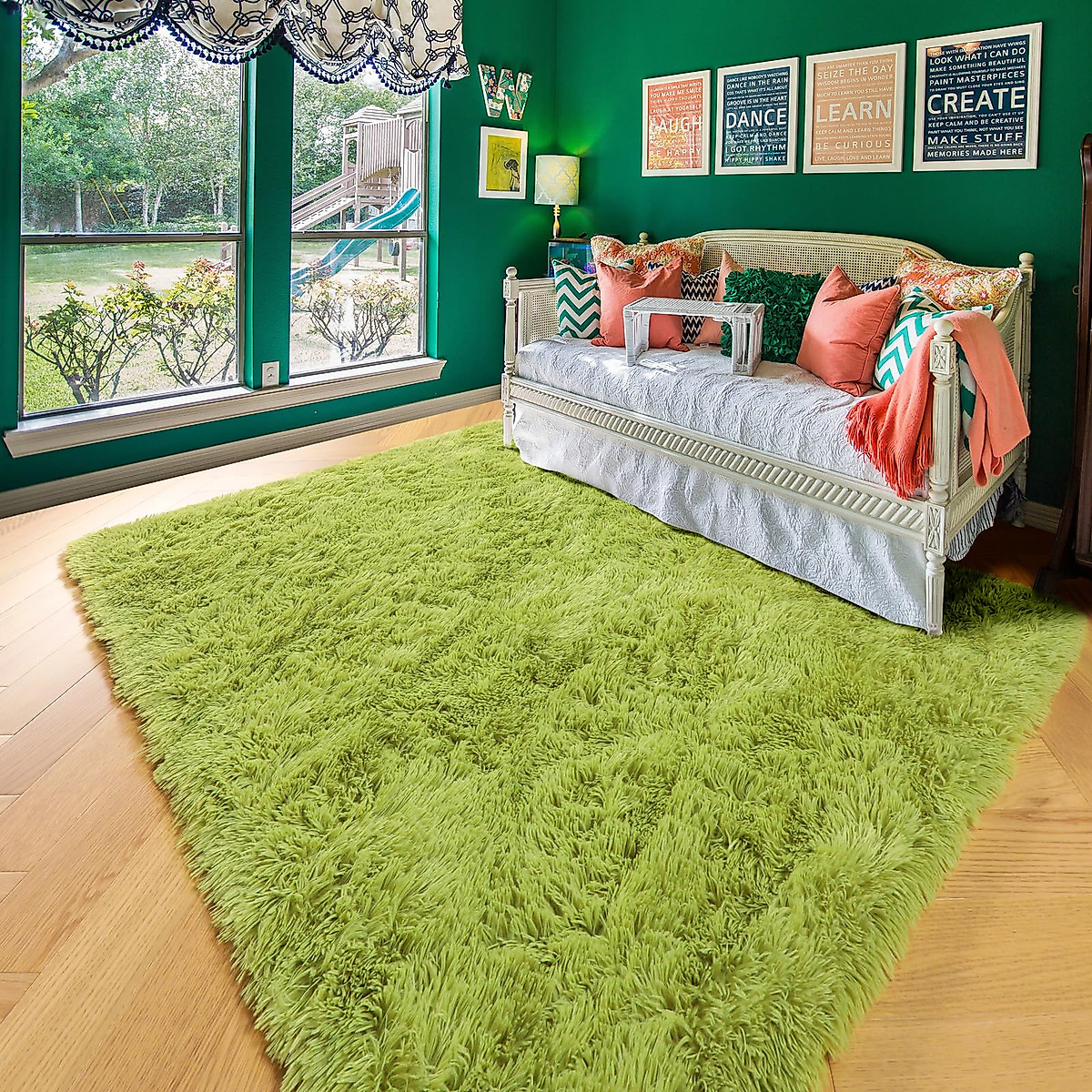 Grass Green Area Rug for Bedroom,4'X6',Fluffy Shag Rugs for Living Room,Furry Carpet for Kids Room,Shaggy Throw Rug for Nursery Room,Fuzzy Plush Rug,Green Carpet,Rectangle,Cute Room Decor for Baby