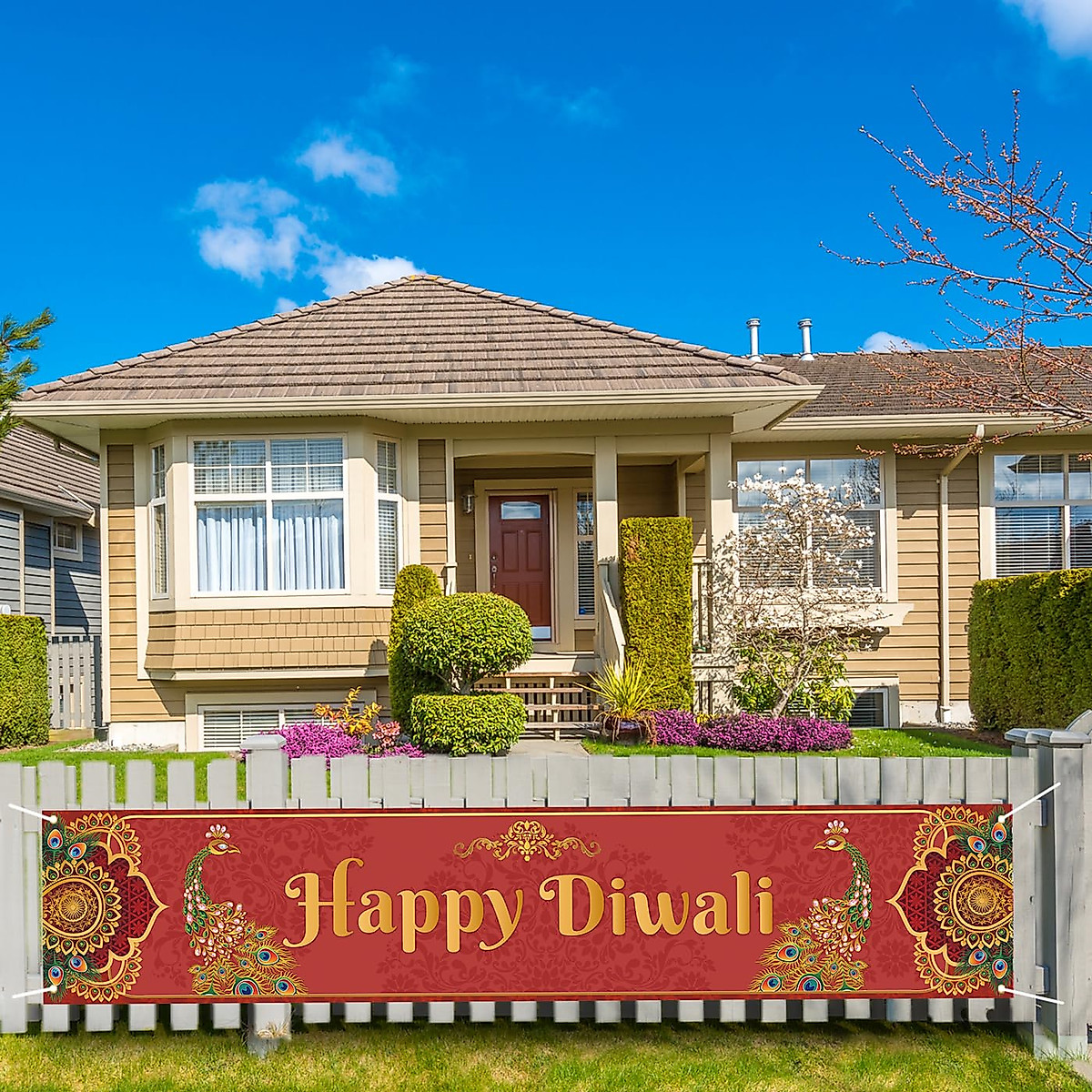 Diwali Peacock Decorations Outdoor Happy Diwali Banner for Fence Deepawali Indian Festival of Lights Decorations and Supplies for Home