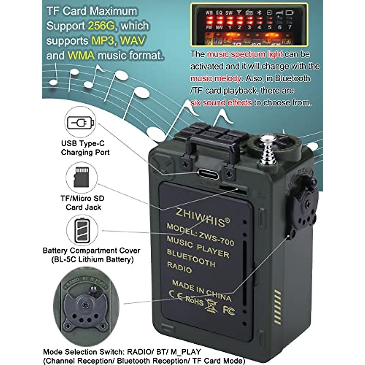 ZHIWHIS Shortwave Radio, Bluetooth Speakers with Sleep Timer, Weather AM FM SW Radios with NOAA Alerts, Retro Analog Tuner with Preset, Rechargeable MP3 Player with 6 EQ Support MicroSD Card ZWS-700