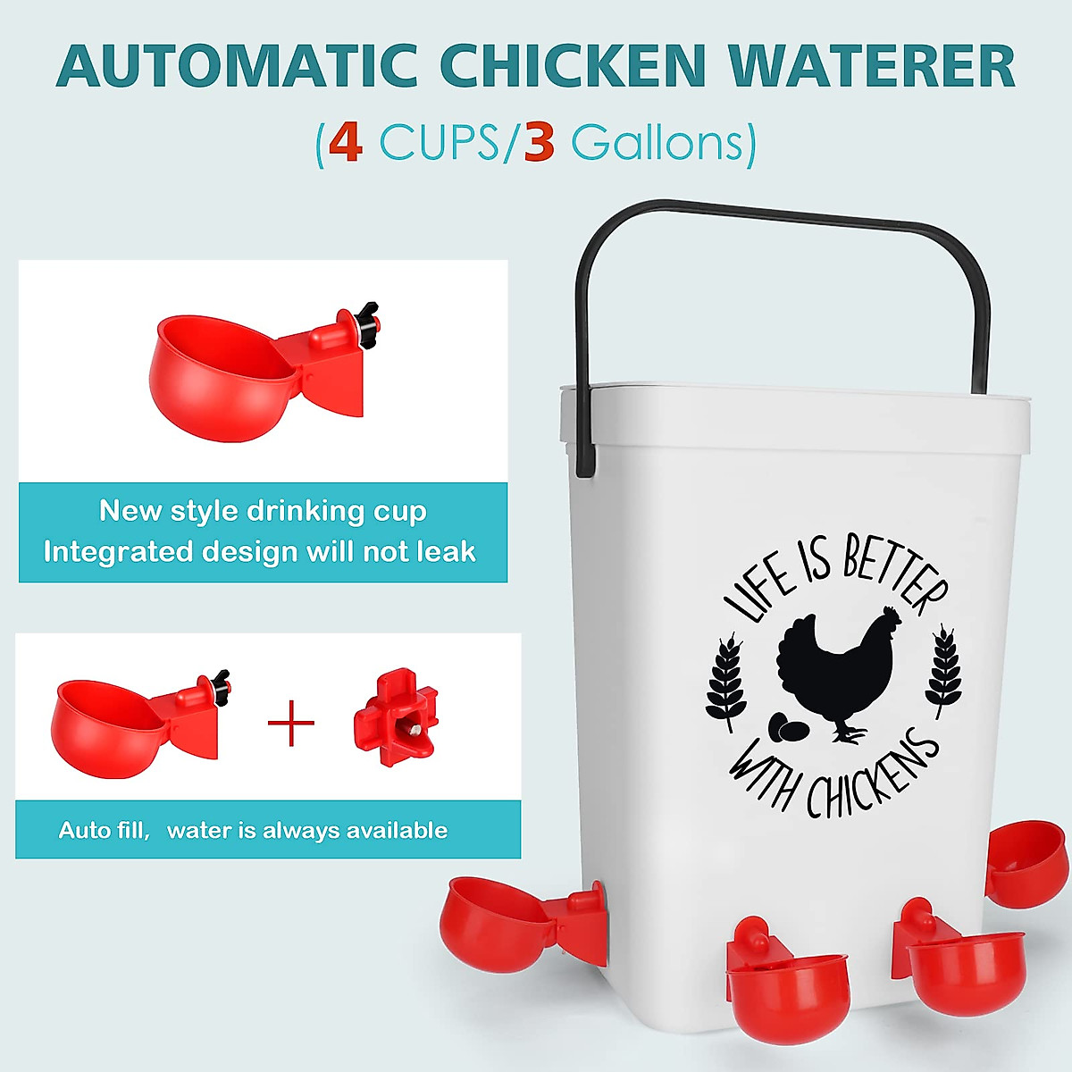 ‎Tgeyd Chicken Feeder and Chicken Waterer Set (3 Gallon/26 Pounds) - Hanging Automatic Chicken Feeder No Waste - Chicken Coop Accessories - Poultry Waterer with