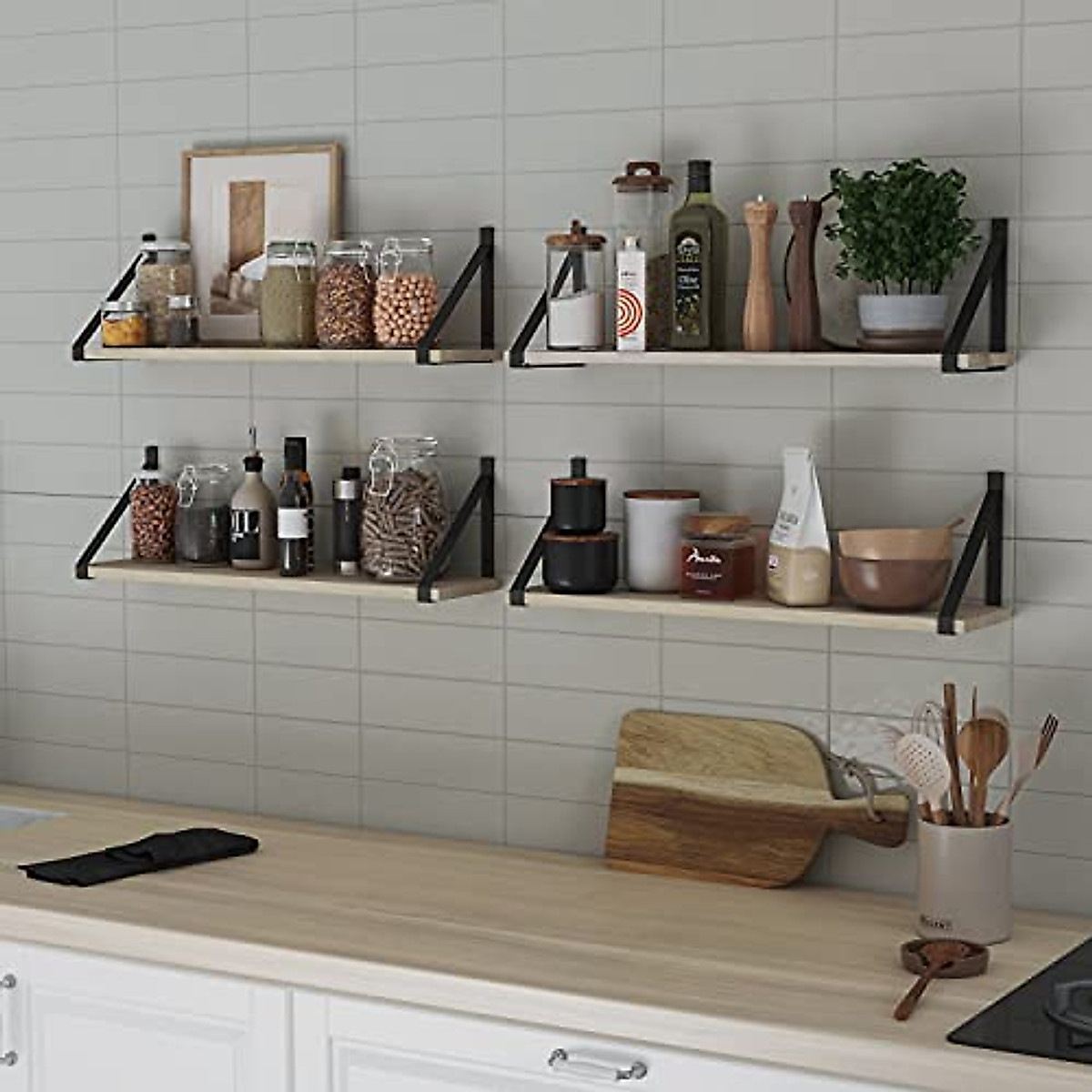 Wallniture Bora Floating Shelves for Wall Storage, 24"x6" Floating Book Shelves for Living Room, Natural Wood Wall Shelves for Books and DVD Storage, Set of 4