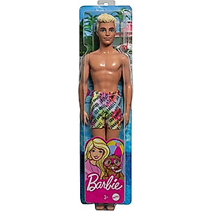 Barbie Ken Beach Doll with Blond Hair Dressed in Colorful Los Angeles-Print Swim Trunks