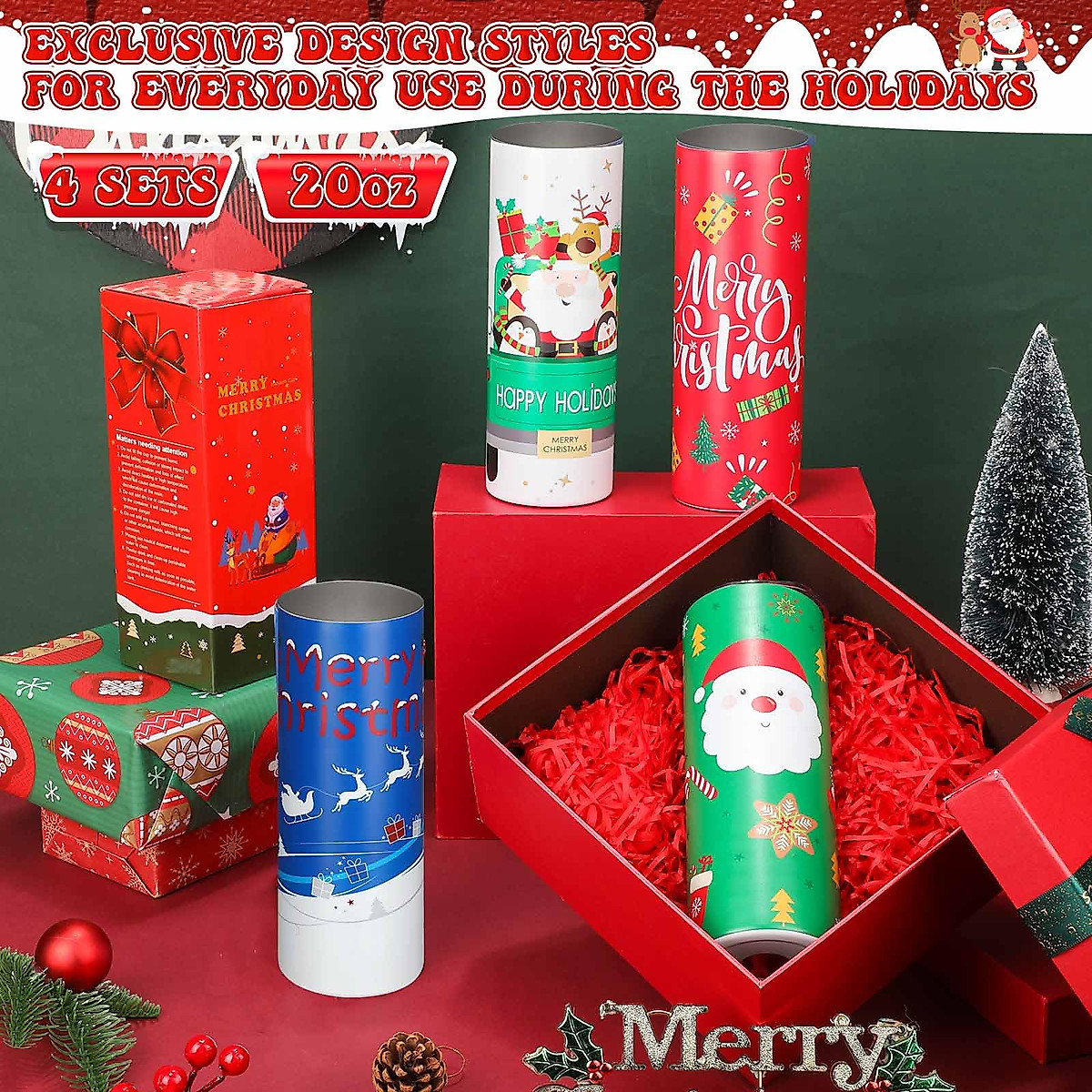 Mifoci 4 Pcs Christmas Skinny Tumblers Set 20 oz Christmas Stainless Steel Tumbler with Lid and Straw Christmas Double Insulated Cup Coffee Mug Tumbler Xmas Gift Set for Women Men Family, 4 Styles