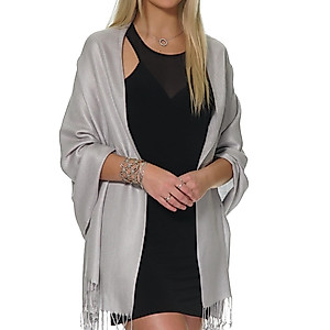 Pashmina Shawls and Wraps for Evening Dresses, Large Soft Pashmina Wedding Light Grey Silver Shawl