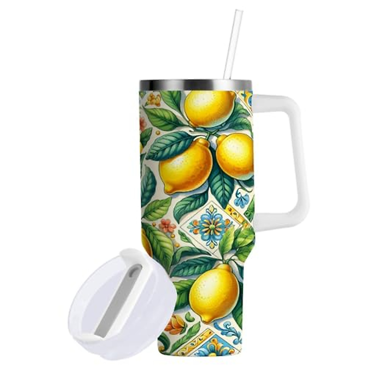 Jihqo Ceramic Tile Lemon Leaves 40 oz Stainless Steel Vacuum Insulated Tumbler with Handle and Straw Lid, Leakproof Water Bottle Double Wall Travel Mug Coffee Cup, Cupholder Friendly