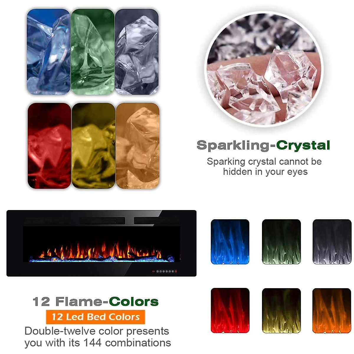 60 inch Electric Fireplace Wall Mounted Led Wall Fireplace Drifting Fireplace Recessed Electric Fireplace Inserts, Adjustable Flame Color Electric Fireplace