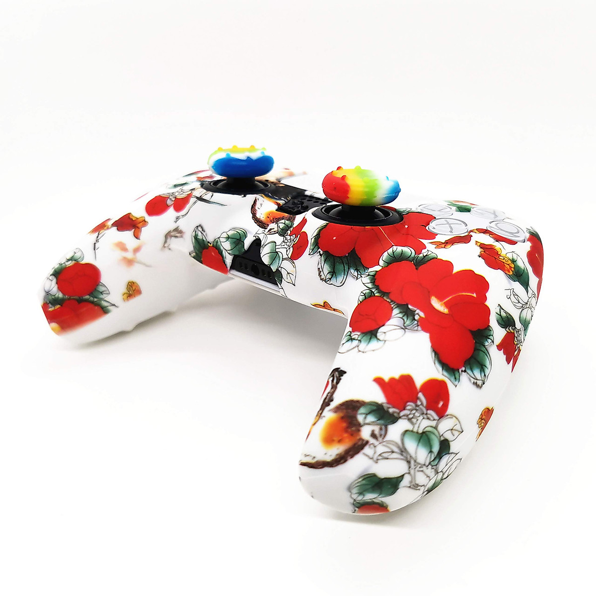 Skin for PS5 Controller Grips, Silicone Case Cover for PlayStation 5 Anti-Slip Protector with 10pcs Thumb Joysticks Caps (Flower)