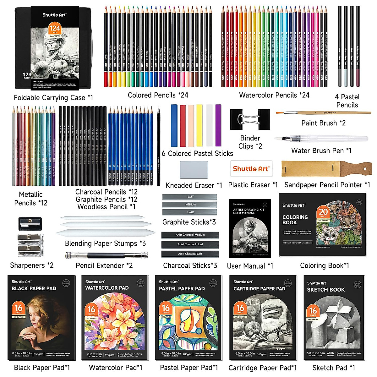 124 PCS Drawing Kit, Shuttle Art Professional Drawing Supplies with Sketch, Charcoal, Colored, Graphite, Pastel Pencils & Sticks, Complete Drawing Tools and Paper Pads in Zipper Case for Artists& Kids