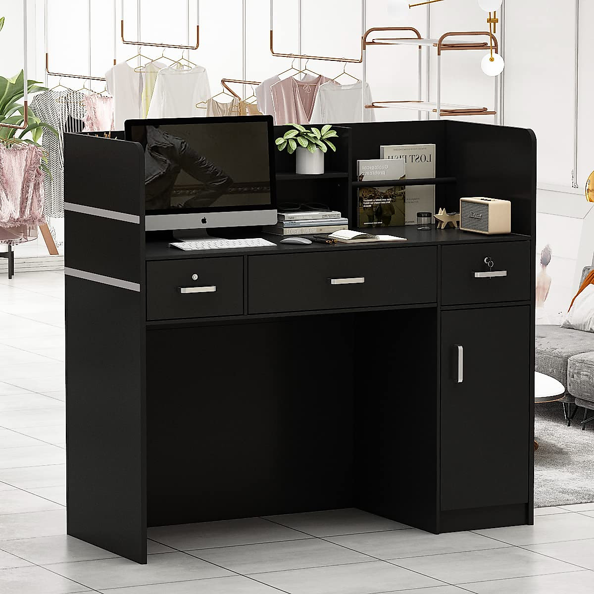 FUFU&GAGA Reception Desk with Counter, 3 Drawers & Storage Shelves, Reception Counter Table with Private Panels, for Salon Reception Room Checkout Office, Black (47.3" W x 18.3" D x 43.3" H)