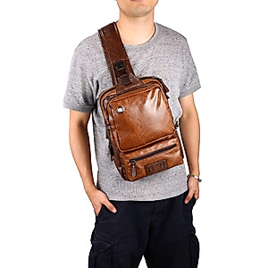 Men's Sling Bag, Crossbody PU Leather Shoulder Backpack with USB Charging Port, Vintage Chest Bag for Men(Brown)