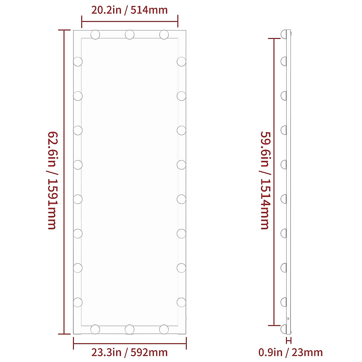 ANYHI Mirror with Lights Full Length, 62.6'' x 23.3'' LED Full Body Floor Dressing Mirror with 22 Dimmable Bulbs, Dimmable, 3 Color Lighting, Wall Mount/Standing (Silver)